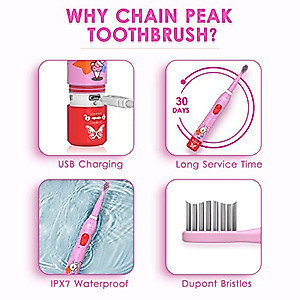 CHAIN PEAK Kids Sonic Electric Toothbrush, Rechargeable Smart Toothbrush for Children Toothbrush for Toddlers Age 3-12 with 30s Reminder, 2 Mins Timer, 6 Modes, 6 Brush Heads, Wall-Mounted Holder
