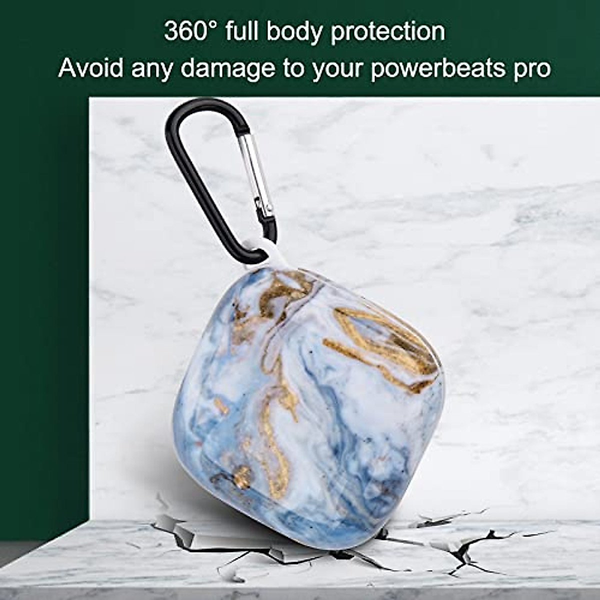 V.R.Hope Case Compatible with Powerbeats Pro Case Cover, Upgraded Anti-Lost & Shockproof Protective Case with Durable Carabiner for Beats Powerbeats Pro (Marble Blue)