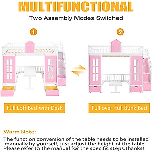 MERITLINE Full Loft Beds with Stairs and Desk, Wooden Castle Shaped Full Over Full Bunk Bed with Changeable Desk,Storage Bunk Bed with Drawers for Kids Girls Boys Teens, Pink