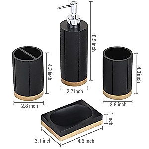 MyGift 4 Piece Modern Black & Natural Acacia Wood Bathroom Accessories Set Includes Soap Dish, Tumbler, Toothbrush Holder & Pump Dispenser