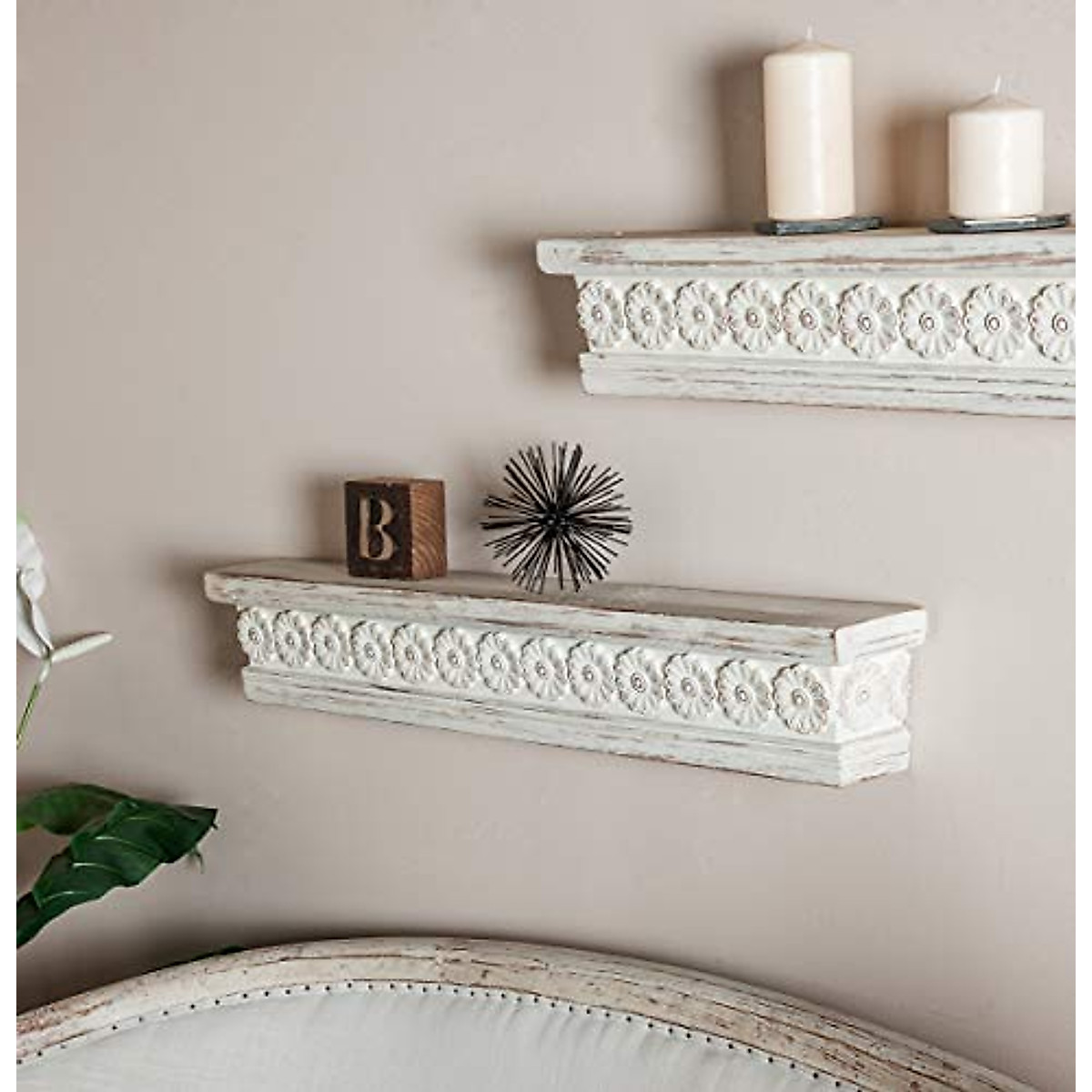 Deco 79 Wood Floral Intricate Carved 1 Shelf Wall Shelf, 36" x 5" x 6", White