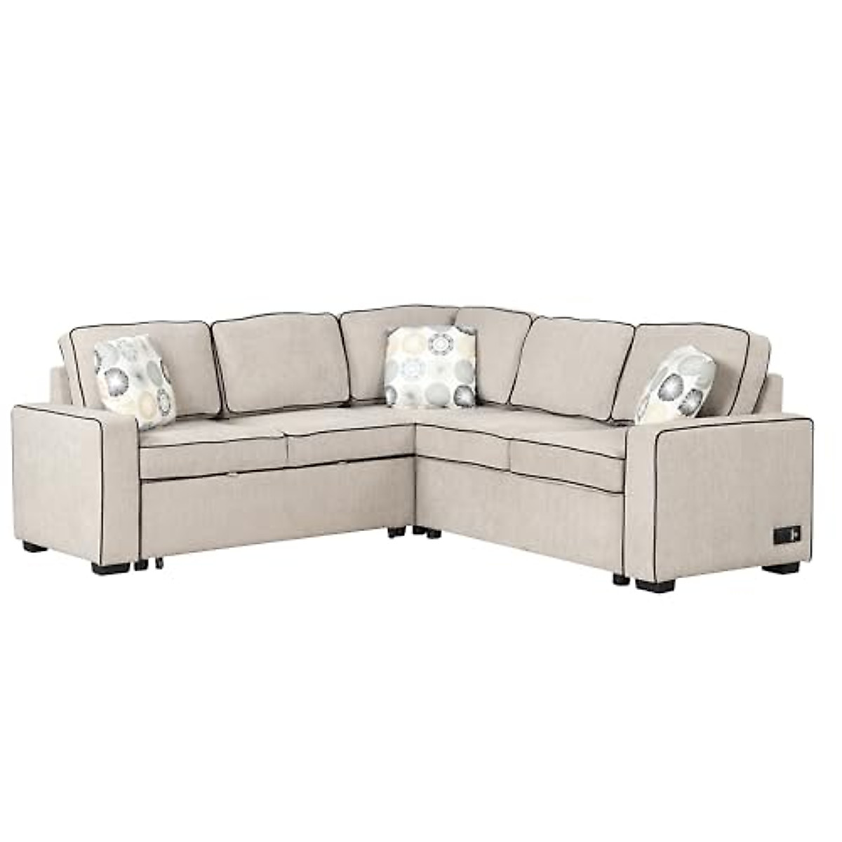 Eafurn Symmetrical Sectional Sofa with Pull Out Bed, 83" L-Shaped Convertible Corner Couch with Removable Backrest,Linen Upholstery Sofabed with USB Ports, 2 Power Sockets and Throw Pillows