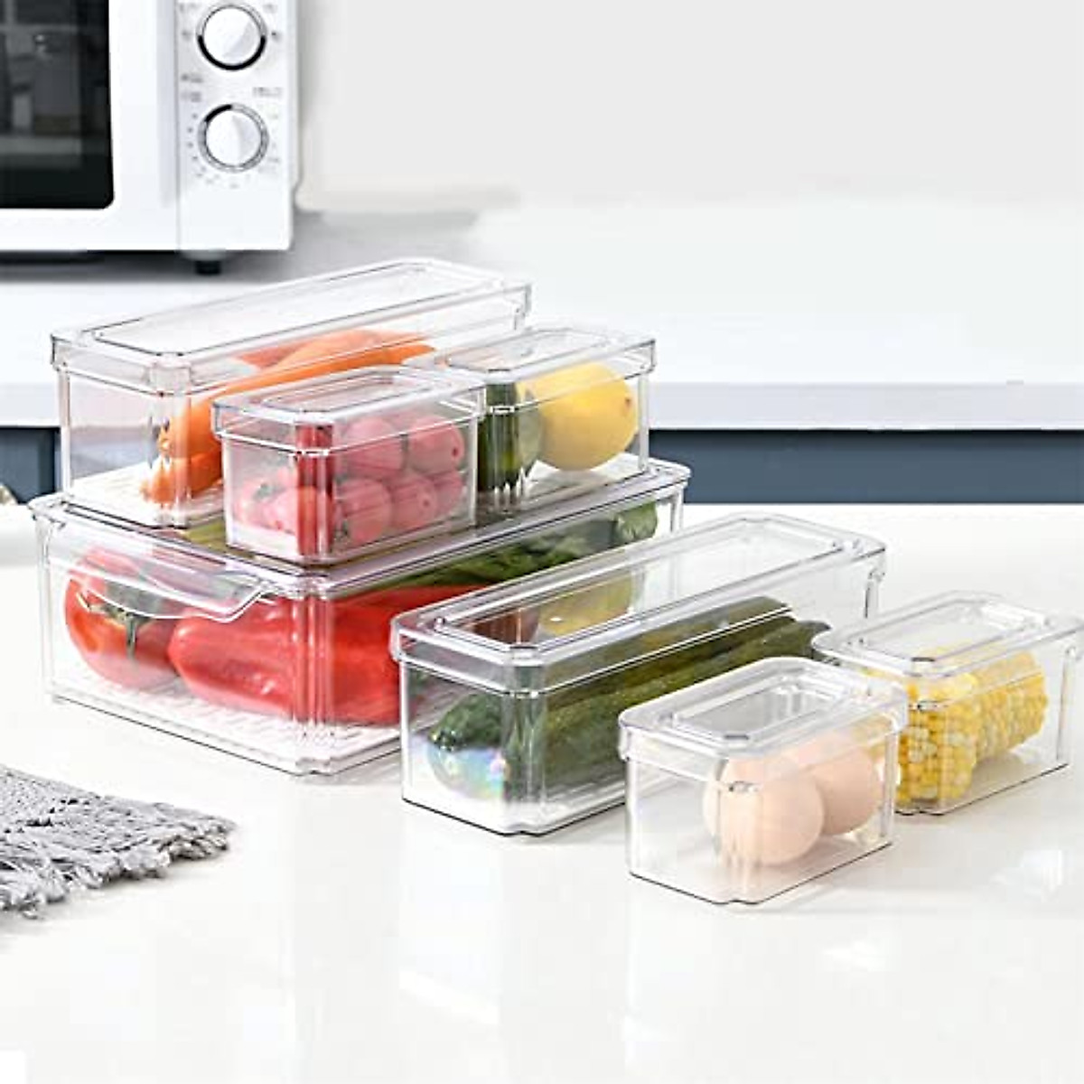 Yustuf 7-pack Stackable Refrigerator Organizer Bins with 3 Liners, Fridge Organizers and Storage Clear Plastic Pantry Organization and Storage Bins with Lids Fruit Vegetable Storage Containers