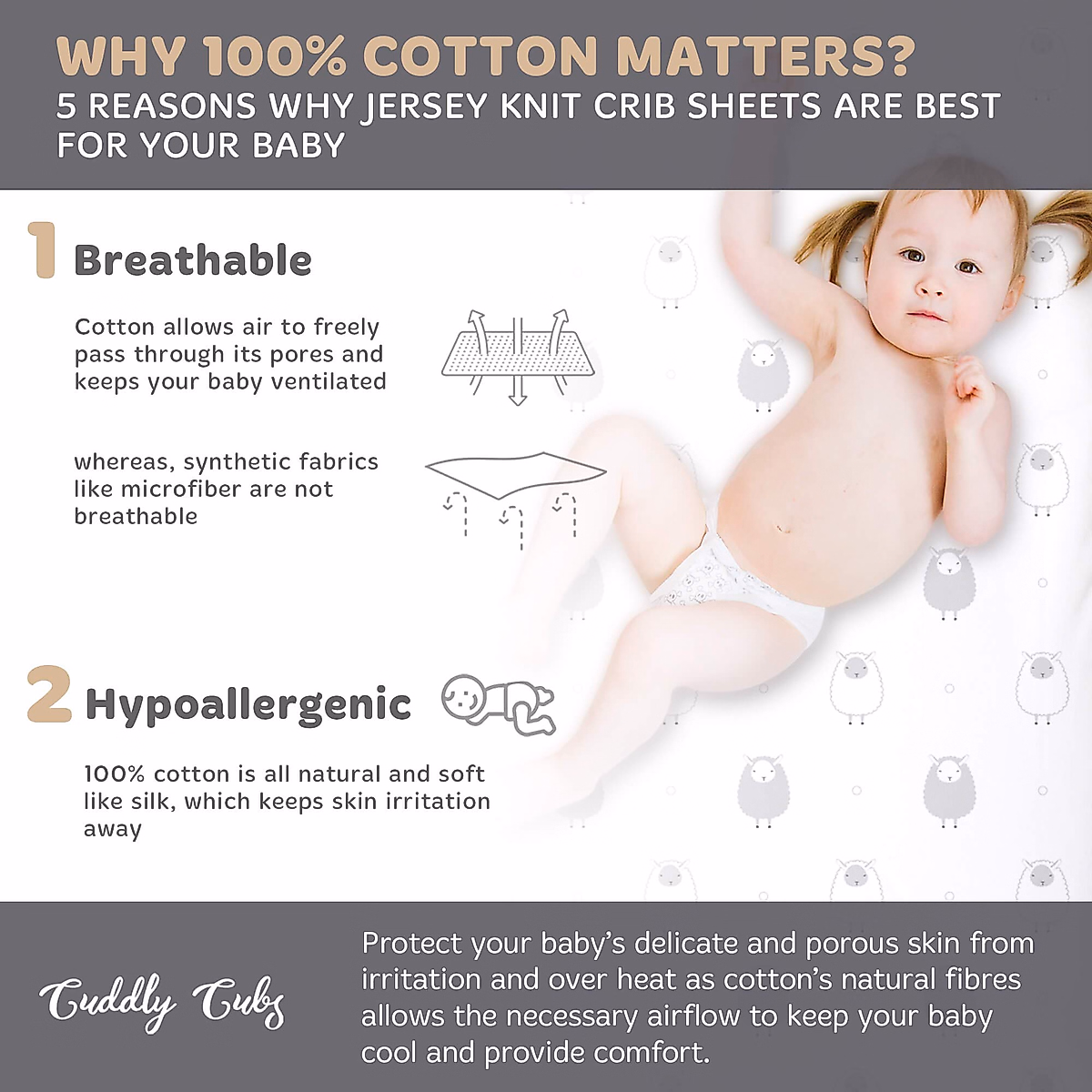 Cuddly Cubs Fitted Crib Sheets Set – 2 Pack – Jersey Cotton Crib Mattress Sheets for Baby Boy, Girl Crib – Grey Stripes, Sheep Toddler Bed Sheets – Fits on Standard 28 x 52 Crib and Toddler Mattress