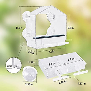 Fubullish Window Bird Feeder, Large Bird House Feeders for Outside with 4 Strong Suction Cups & 2 Extra Bird Stands, Removable Tray and Drain Holes, Birdhouse Shape, Clear Acrylic for Bird Watching