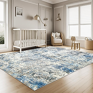 Area Rug Living Room Rugs - 5x7 Modern Abstract Large Soft Machine Washable Rug Stain Resistant Non Slip Faux Wool Low Pile Accent Carpet for Bedroom Dining Home Studio College Office - Grey/Blue