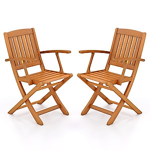 Tangkula Patio Wood Folding Chair Set of 2, Outdoor Eucalyptus Wood Dining Chairs w/Armrests & Slatted Seat, for Backyard, Porch, Poolside, Lawn, Garden, Load up to 400 LBS (1, Natural)