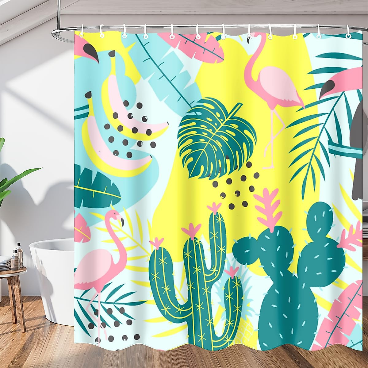 Aglebo Toucan Flamingos Cactuses Leaves Shower Curtain Fabric Shower Curtain Set with 12 Hooks Water-Proof 72 * 72 Inches for Bathroom Beach Caravan Hotel