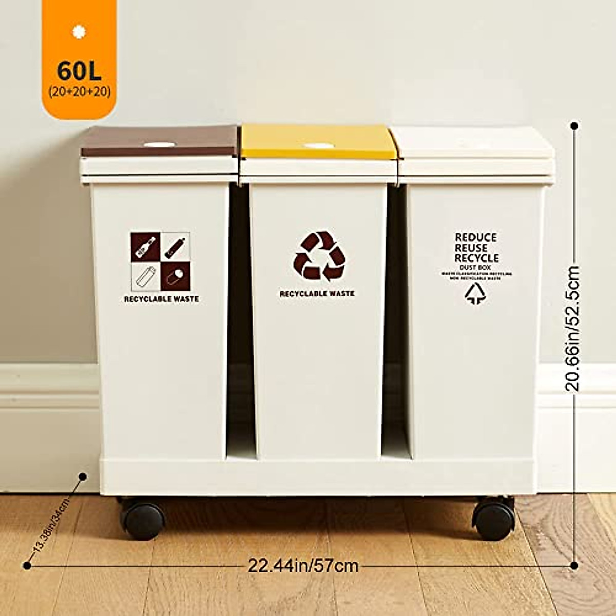 MYOYAY 3 Compartment Trash Can Garbage Cans with Recycling Bin Triple Trash Can 16 Gallon/3x20L Kitchen Trash Can 3 Compartment for Kitchen,Bathroom, Living Room