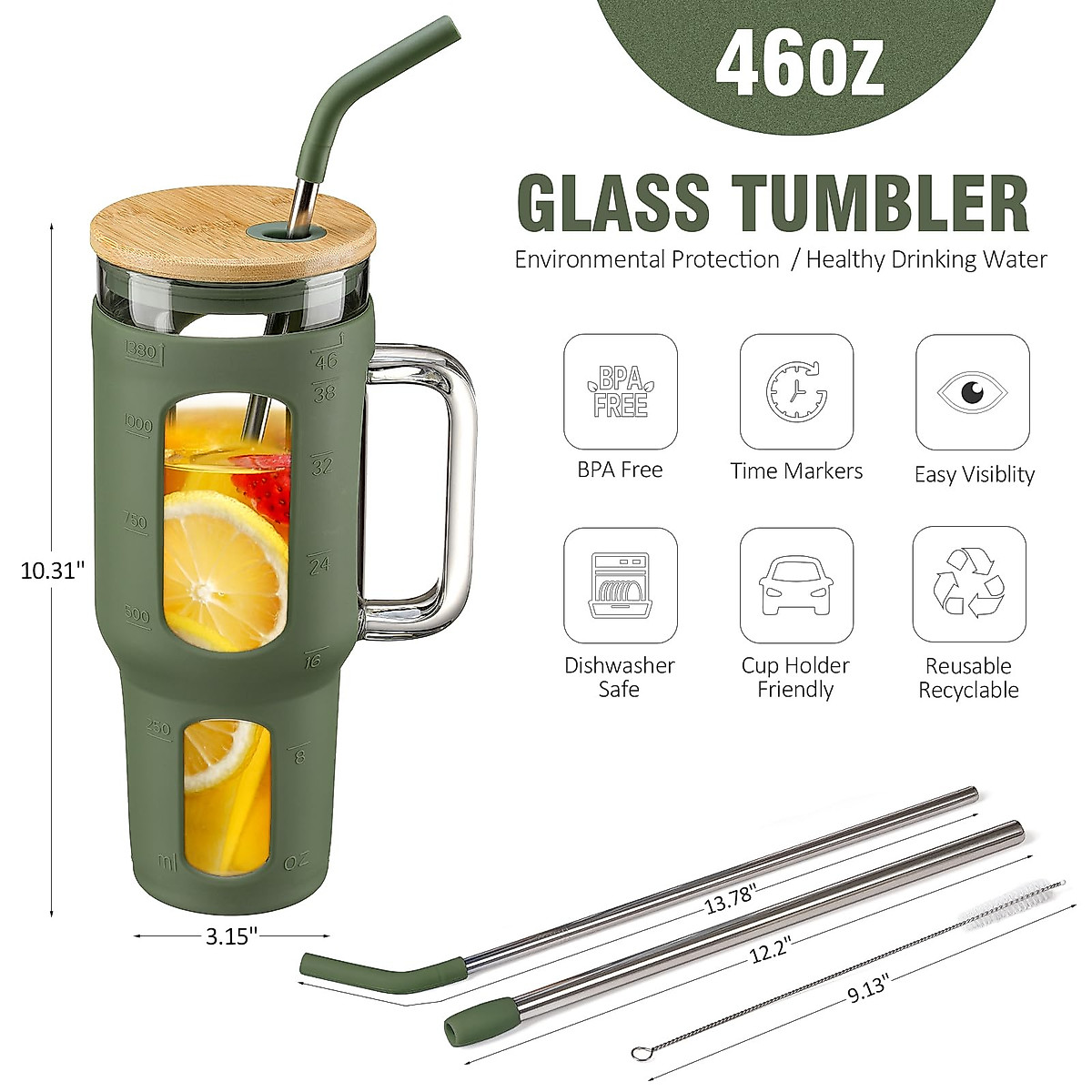 WINSA Glass Tumbler with Lid and Straw, 46 oz Iced Coffee Cup with Handle, Glass Water Bottles with Silicone Sleeve, Glass Cup with Straws - Pearl Straw & Drinking Straw BPA Free-Olive