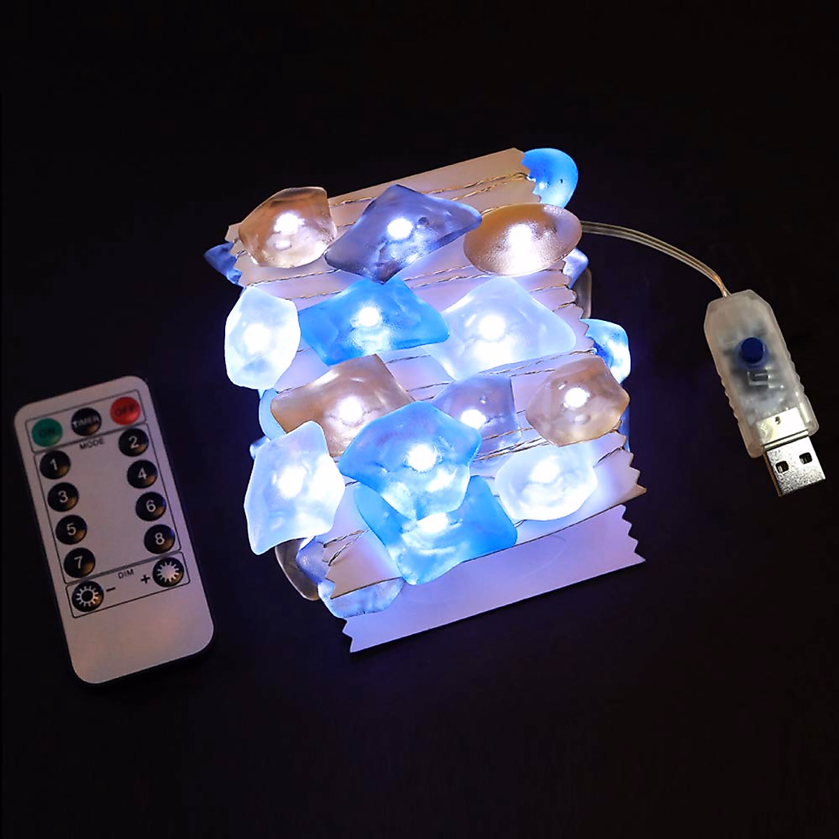 WSgift Sea Glass String Lights, Beach Theme Decorative Lights 19 Ft 40 LED USB Plug-in with Remote and Timer for Indoor Outdoor Tent Wedding Nursery Bedroom Party Birthday