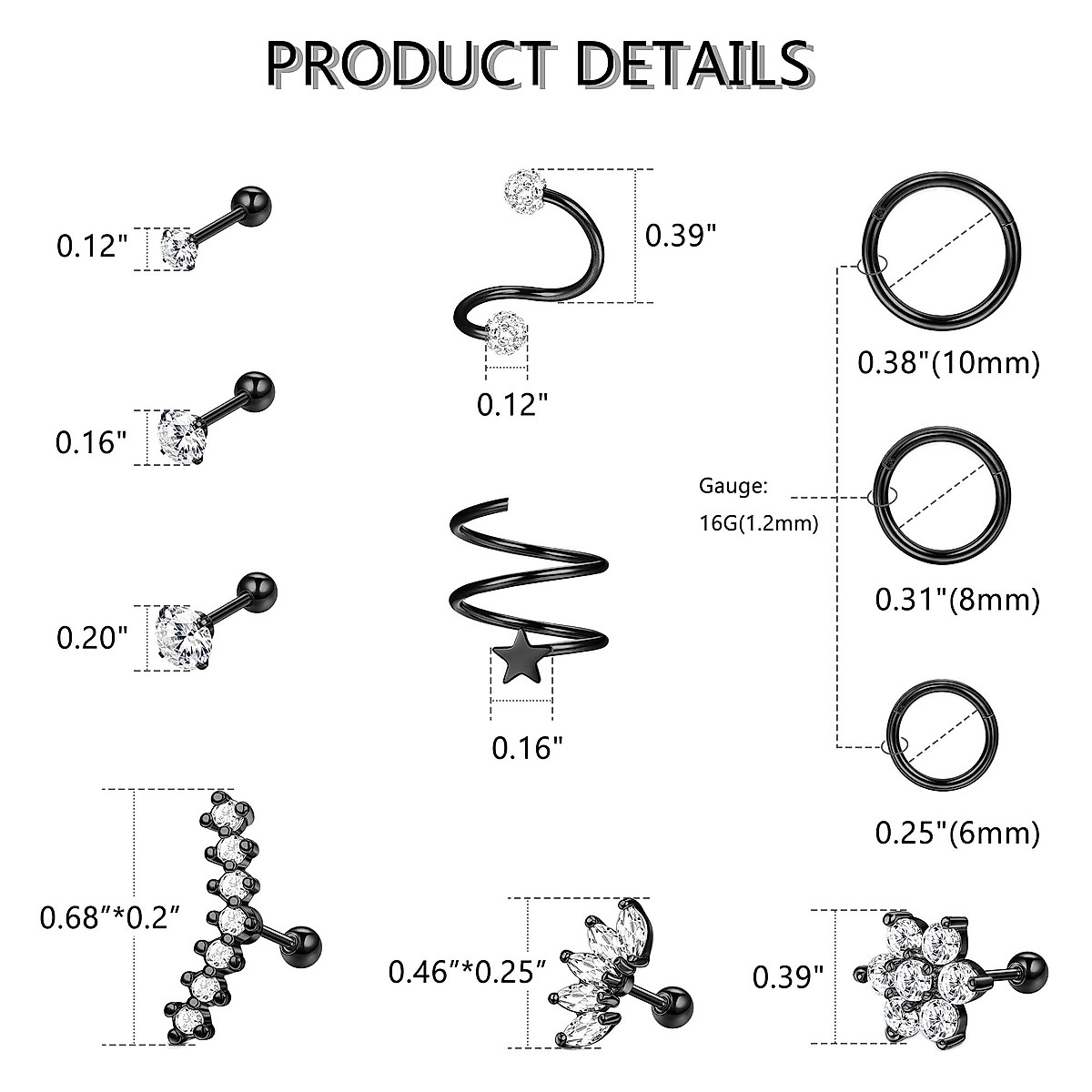 MILACOLATO Cartilage Earring 11Pcs 16G 18G Stainless Steel Cartilage Earrings Stud Hoops Conch Forward Helix Earrings Tragus Daith Piercing CZ Barbell Stud Cartilage Piercing Jewelry for Women of All Ages-black
