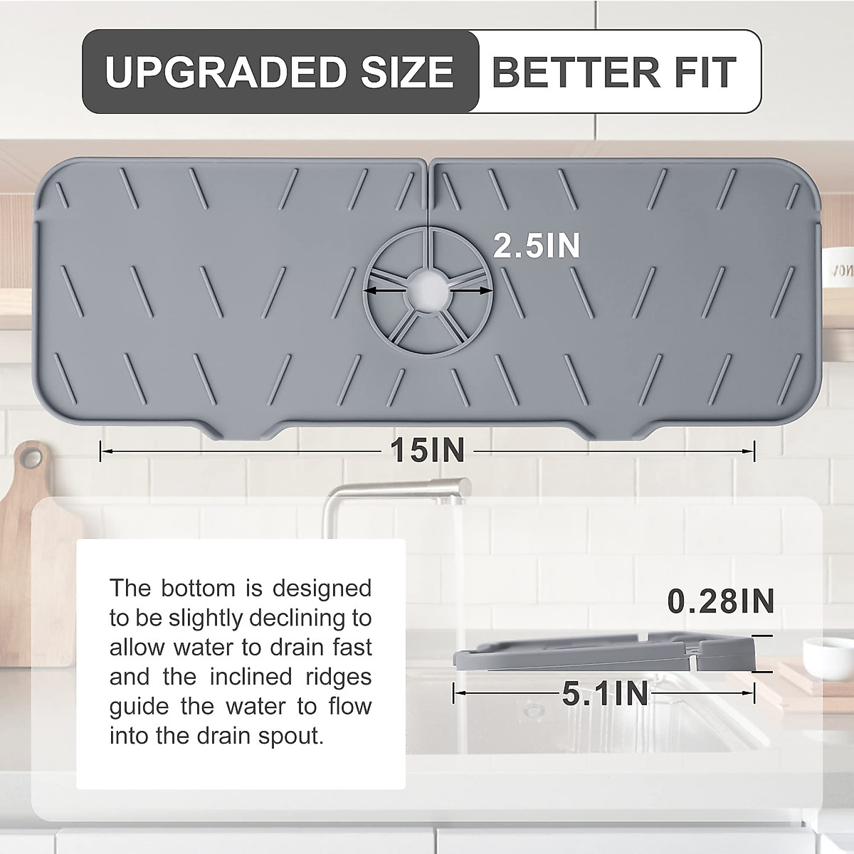 Meiliweser Silicone Faucet Splash Guard Gen 2 - Outlet & Slope Upgraded Faucet Water Catcher Mat - 15” x 5.5” - Sink Sponge Holder for Kitchen, Bathroom(Gray)