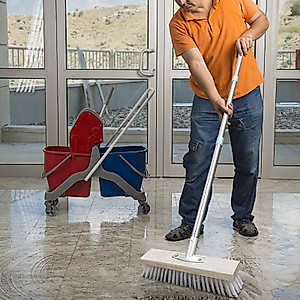 Floor Scrubbing Brush, Stainless Steel Wire Broom Deck Scrub Brush with Long Handle, Scrub Broom Stainless Steel, Stiff Bristle Scrubber Brush with Long Handle for Bathroom, Kitchen, Tile Floors