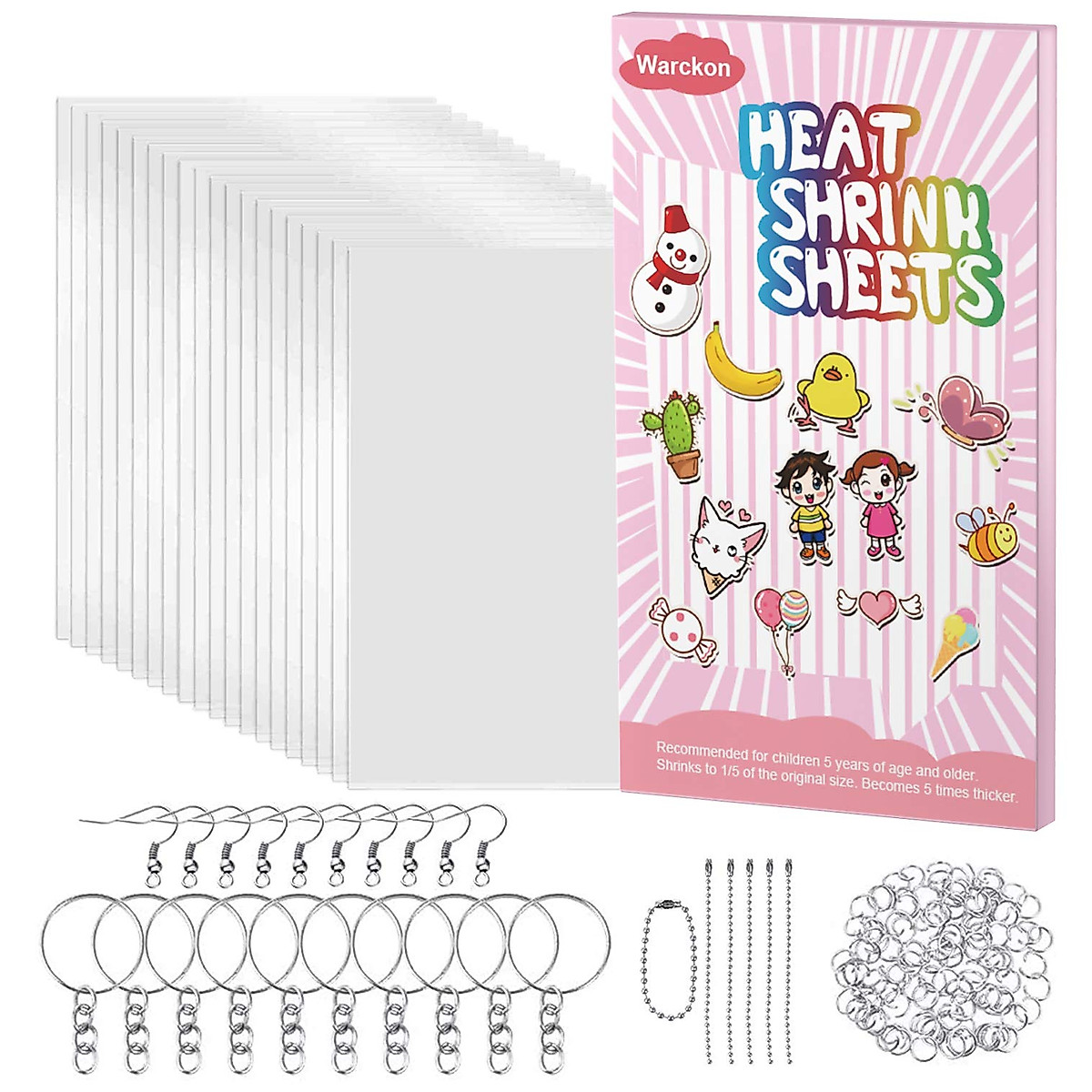 Warckon 149 Pieces Shrink Plastic Sheet Kit Include 24 PCS Shrinky Art Paper with 125 PCS Keychains Accessories for Kids Creative Craft
