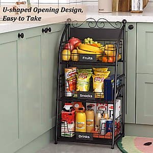 3 Tier Vegetables Storage Basket Stand with Nameplate, Removable Wire Fruit Basket, Kitchen Freestanding Metal Fruit Storage Cart with Anti-scratch Adjustable Feet, for Fruit Vegetable Onion Potato