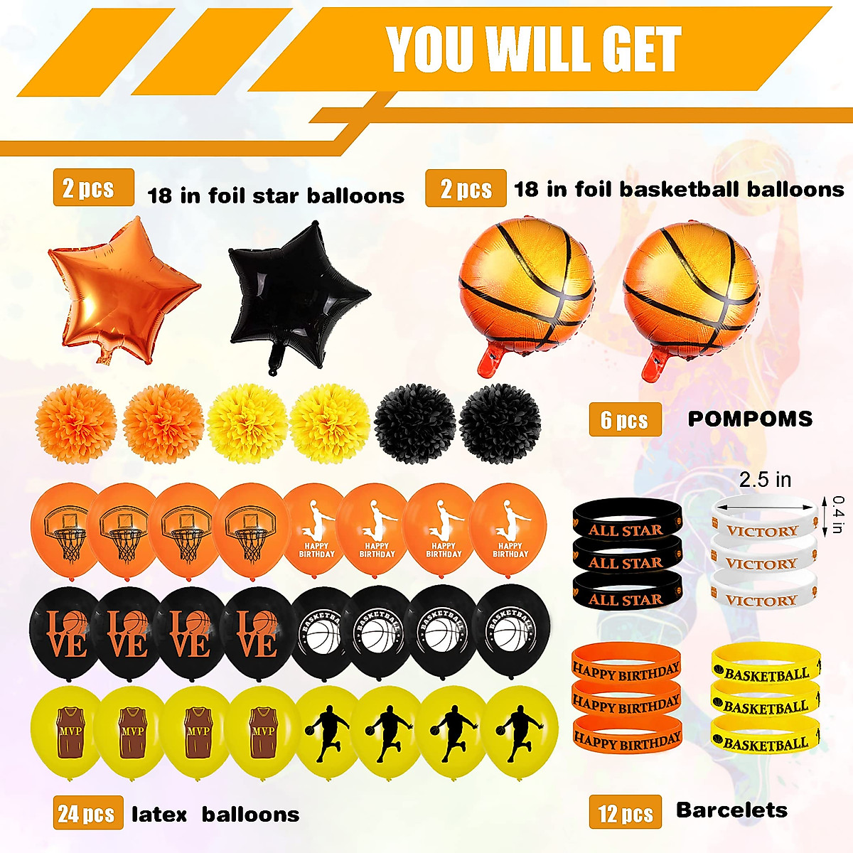 BORAMDO Basketball Party Decorations Pack, Basketball Birthday Party Supplies Including Basketball Felt Birthday Banner, Cake Toppers, Tissue Pom Pom Flowers (Basketball Birthday Party Set)