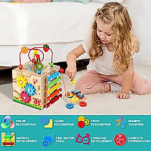HELLOWOOD Wooden Activity Cube, 8-in-1 Montessori Toys Gift Set for 12+ Months Boys & Girls, Educational Learning Toys for Toddlers Age 1-2, One Year Old Baby Birthday Gifts, Bonus Sort & Stack Board