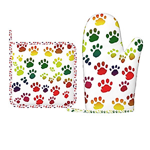 Oven Mitts Pot Holders Sets Cute Dog Paw Prints Silicone Oven Gloves Colorful Kitchen Accessories for Baking Cooking Dining