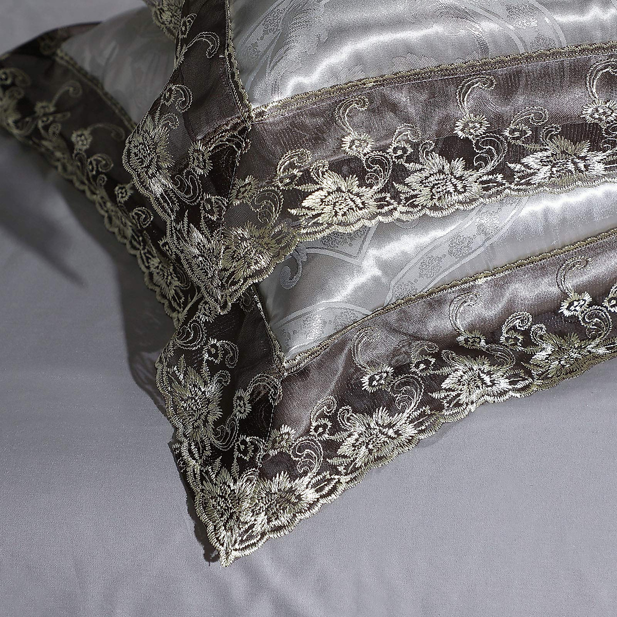 Beyeutao Jacquard Queen Size Duvet Cover Elegant Gray Bedding Set Lace Satin Duvet Set 3 Piece Duvet Cover Pillowcases.(Gray, Queen)