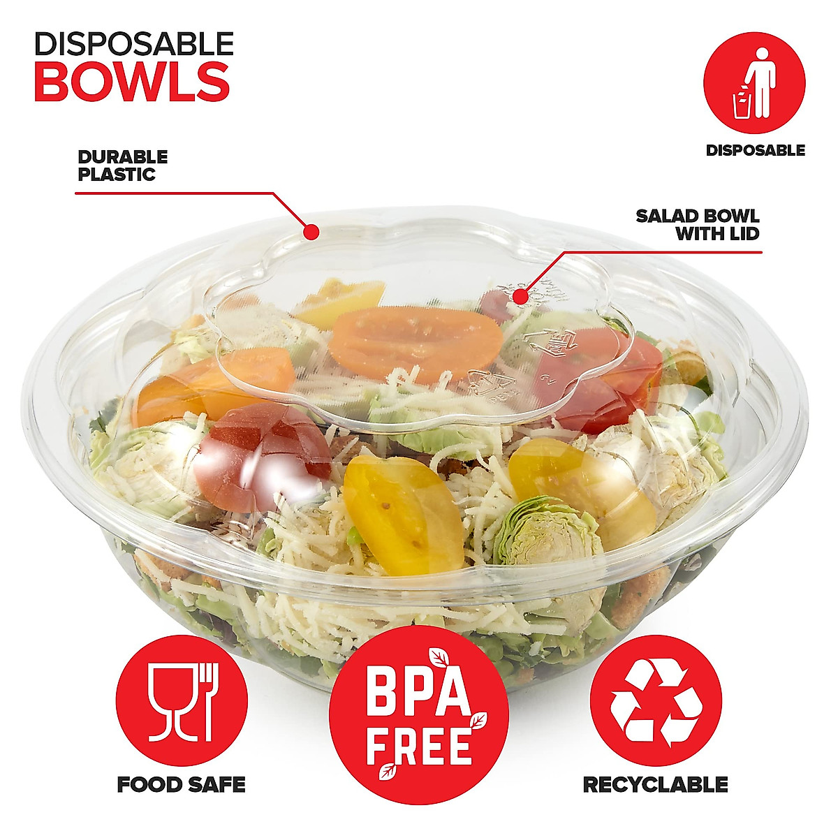 Stock Your Home 24oz Clear Plastic Salad Bowls with Lids Disposable (50 Pack) Small Takeout Container with Snap on Lid for Fruit Salads, Quinoa, Lunch and Meal Prep, Acai Bowl, To-Go Party Containers