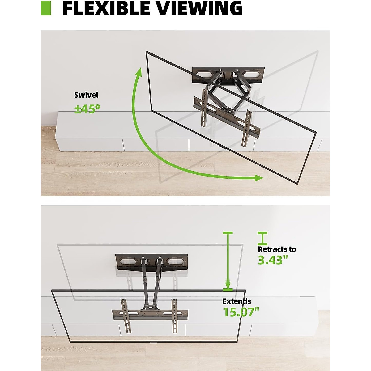 USX MOUNT Full Motion TV Wall Mount for Most 32-65 inch Flat Screen/LED/4K TVs, Swivel/Tilt TV Mount Bracket with Articulating Dual Arms Max VESA 400x400mm, Holds up to 110lbs, for 16" Wood Stud.