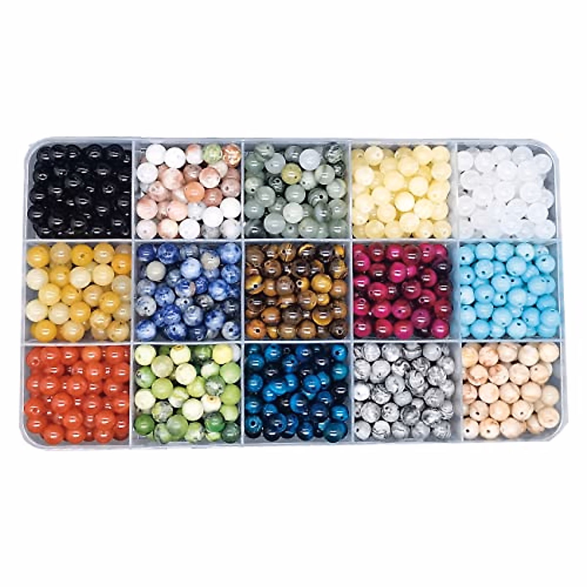 750pcs 6mm Natural Round Stone Beads Real Gemstone Beading Loose Gemstone Hole Size 1mm Smooth Beads for Bracelet Necklace Earrings Jewelry Making,Box Packed(15 Colors-3,6mm)