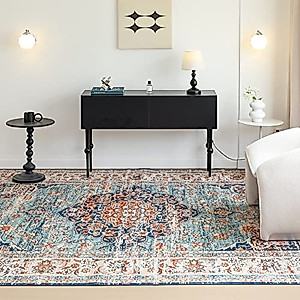 VK VK·LIVING Washable Rug, 5'x7' Stain Resistant Washable Rug, Machine Washable Rug with Non-Slip,Vintage Bohemian Area Rug for Living Room Bedroom Dining Home Office Area Rug (Blue, 5'x7')