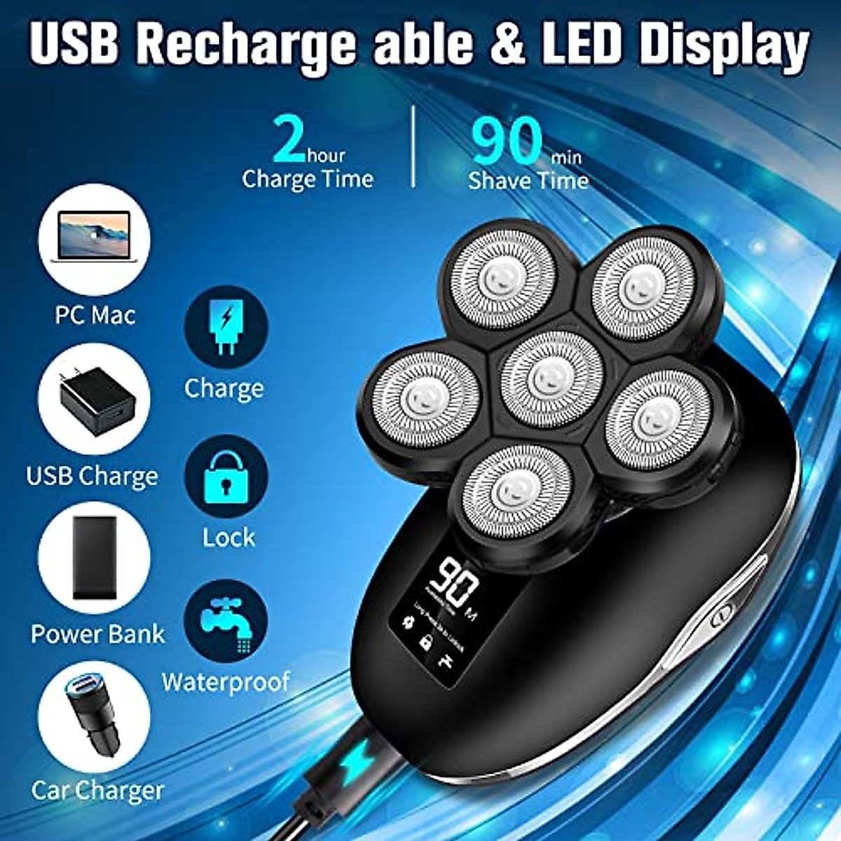 Electric Head Shaver for Bald Men, Upgrade 6 in 1 Mens Electric Head Razor Bald Head Shaver Cordless Electric Razor Men, IPX7 Wet/Dry Waterproof Skull Shaver with Head Shaver Kit LED Display(Silver)