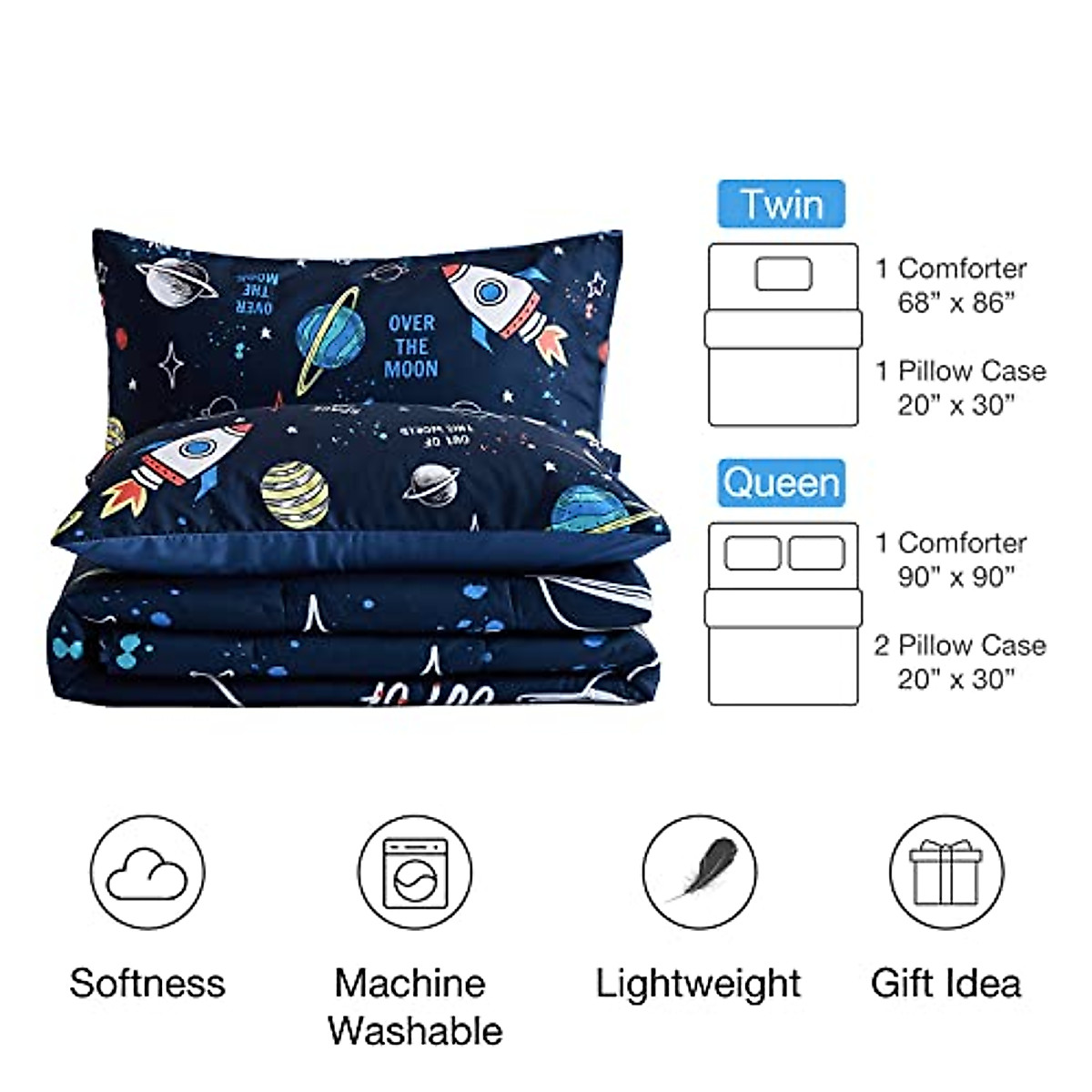 beeweed 2 Piece Kid Comforter Set Twin Size, Space Rocket Bedding Set for Teen Boys Girls