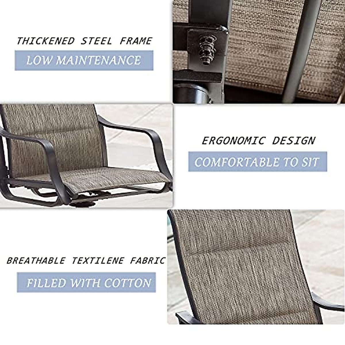 LOKATSE HOME Outdoor Patio Dining Chair Swivel Sling Rocker Set with Steel Metal Frame (Set of 2), Grey