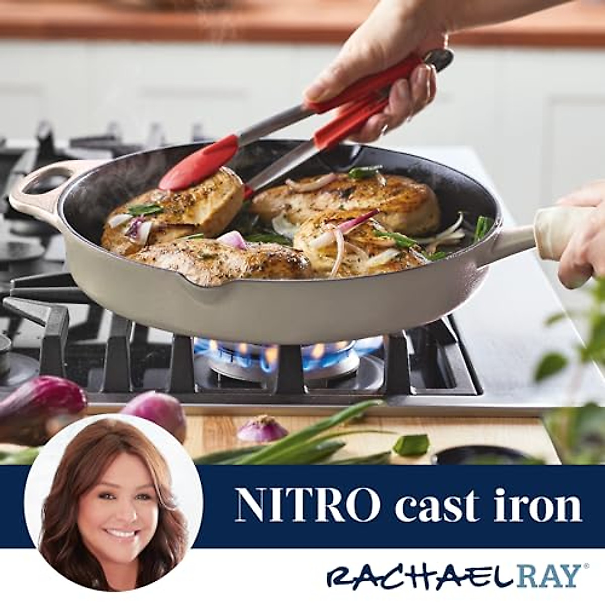Rachael Ray NITRO Cast Iron Frying Pan/Skillet with Helper Handle and Pour Spouts, 12 Inch, Almond