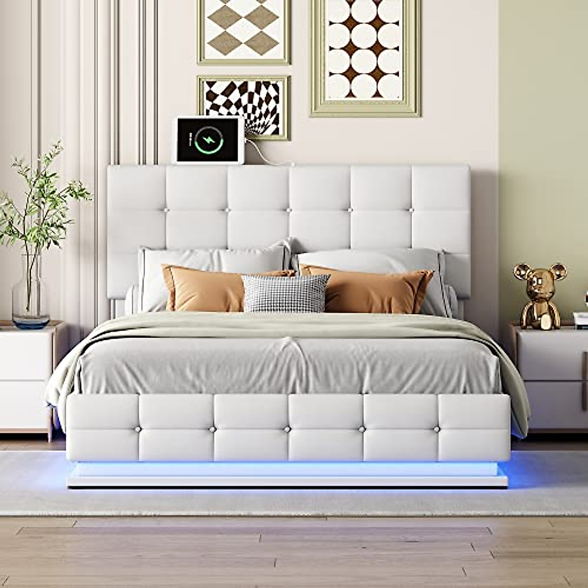 Bellemave Queen Lift Storage Bed with LED Lights and USB Charger, PU Upholstered Queen Platform Bed with Hydraulic Storage System for Kids Teens and Adults, No Box Spring Needed (Queen, White)