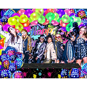 126 Pieces Neno Glow in The Dark Birthday Party Supplies Includes Graffiti Splash Paint Background, Glow Party Table Covers, Neon Glow Balloons and Transparent Fluorescent Glow Rubber Balloons