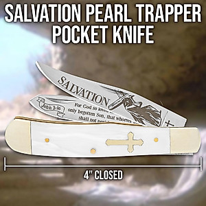 Salvation Pearl Trapper Pocket Knife | Laser Etched Stainless Steel Blades | John 3:16 | Jesus Christ Carrying Cross | Elegant Faux Pearl Handle Scales | Nickel Silver Bolsters | Closed Length 4"