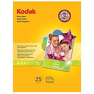 KODAK Photo Paper Gloss 8.5"x11", 25 count, 48lb-180g/m2 weight, 6.5 mil thickness (41161 - 1912369),White