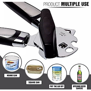 ANDILL Can Opener Manual, Good Grips Anti-slip Hand Grip, Stainless Steel Sharp Blade, with Large Turn Knob, Black/Silver, 8.26 x 2.36 x 2