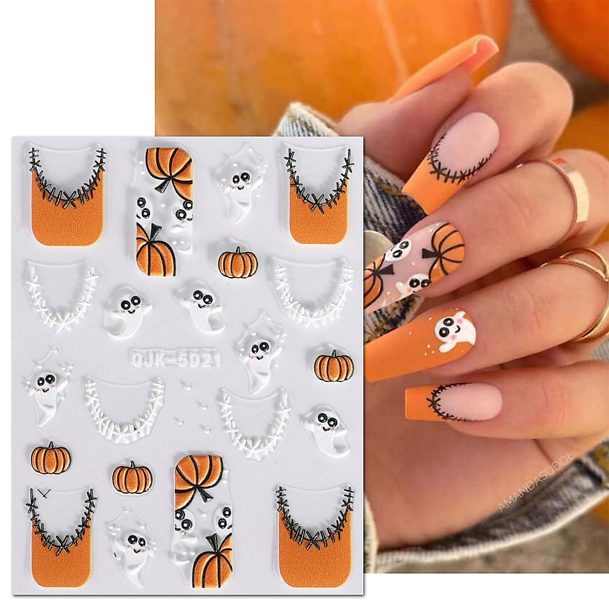 JMEOWIO 3D Embossed Halloween Nail Art Stickers Decals Self-Adhesive Pegatinas Uñas 5D Ghost Pumpkin Spook Nail Supplies Nail Art Design Decoration Accessories 4 Sheets