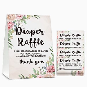 Diaper Raffle Baby Shower Game Set(1 Standing Sign + 50 Guessing Cards), Floral Greenery Diaper Raffle Tickets for Baby Shower, Blush Pink Baby Shower Party Favor Decor - A08