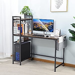 TOOLF Computer Desk with 4 Tier Shelves for Home Office, 47" Writing Study Table with Grid Panel and 4 Hooks, Multipurpose Desk with Storage Bag for PC Laptop