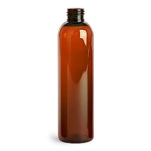 Premium Essential Oil 8 Ounce Cosmo Round Bottles, PET Plastic Empty Fillable BPA-Free, with Black/Natural Twist Caps (Pack of 12) (Amber)