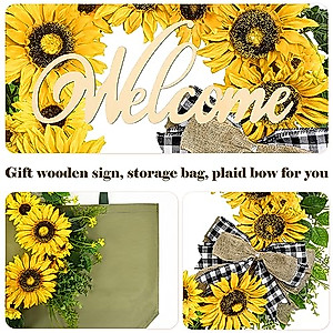 Waipfaru Sunflower Wreaths for Front Door, 20'' Sunflower Door Wreath with Welcome Sign and Bow, Spring Summer Wreath for Farmhouse Front Porch Patio Window Decor