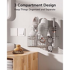 ULG Hair Tool Organizer, Over Cabinet&Wall Mount Hair Care & Styling Tool Organizer,with 5 Adjustable Height and 3 Compartment for Hair Dryer,Flat Irons,Curling Wands for Bathroom, Chrome