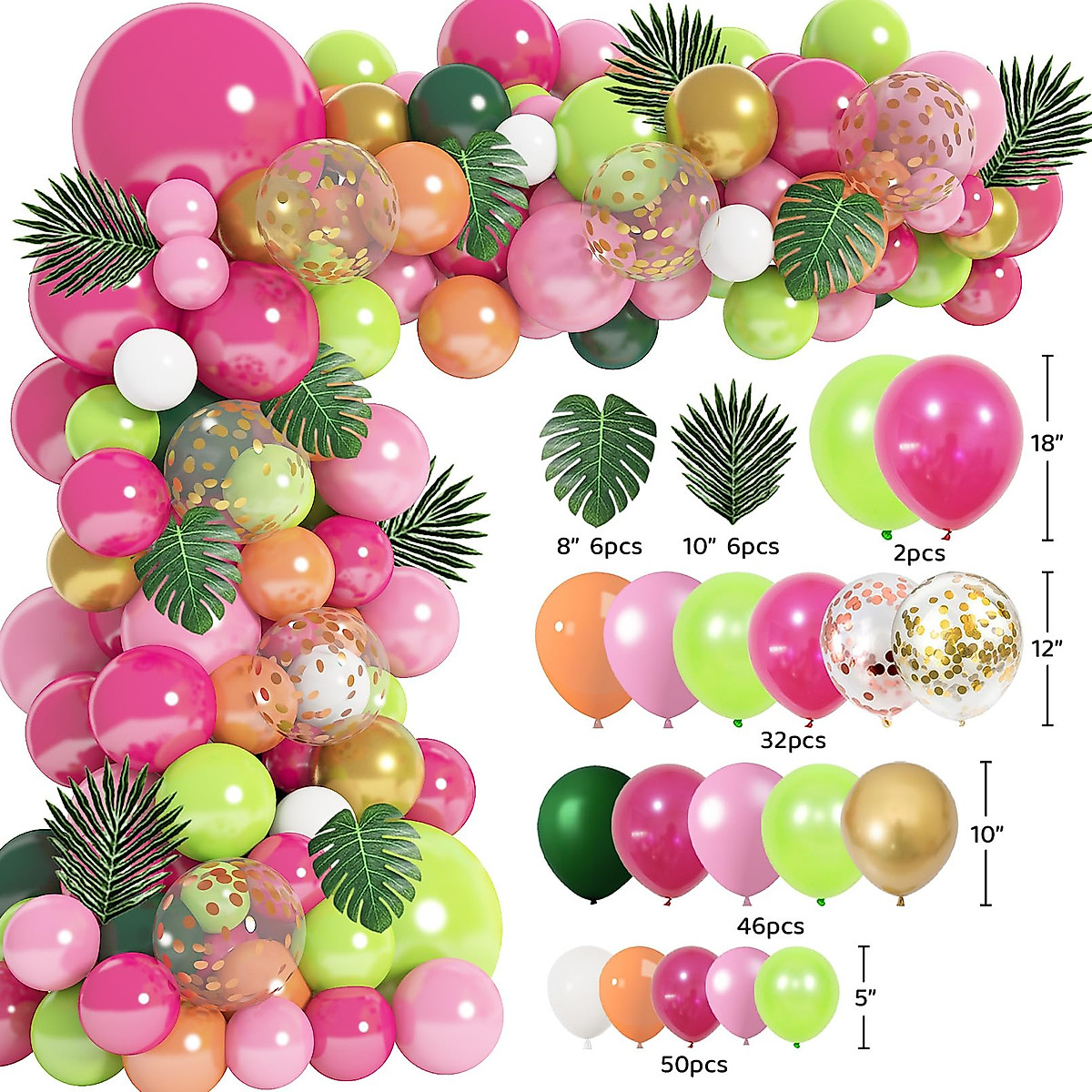 146Pcs Tropical Balloons Garland Arch Kit, Hawaiian Luau Tropical Aloha Flamingo Party Decorations Hot Pink Fruit Green Rose Gold Confetti Balloons Palm Leaves Birthday Baby Shower Wedding Supplies
