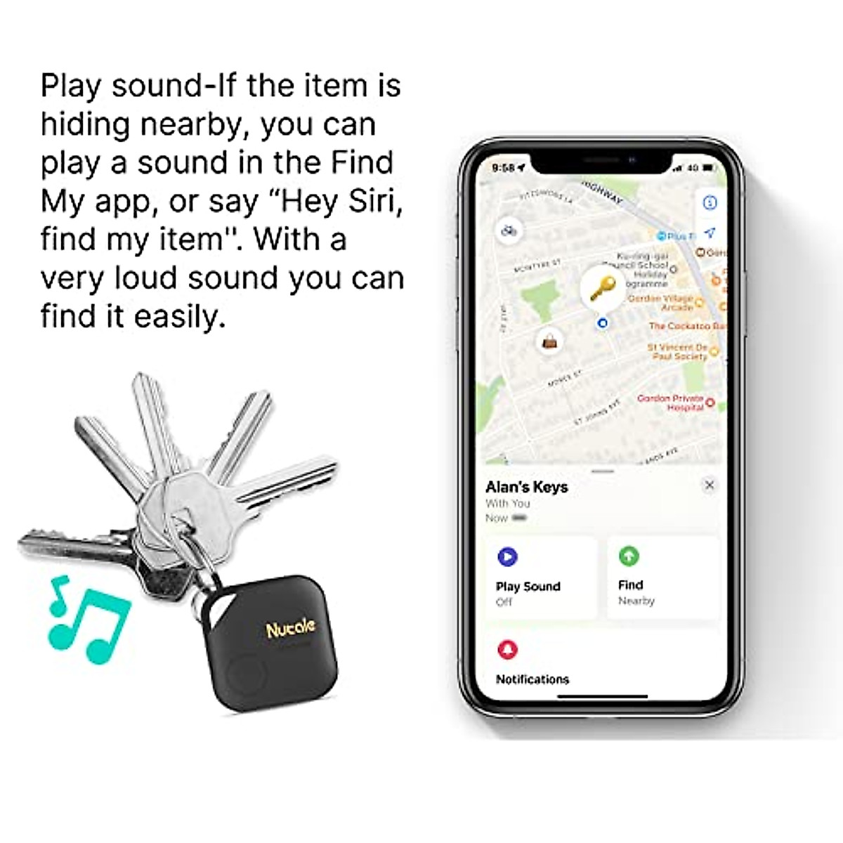 Nutale AirPro Key Finder Tag (iOS Only), Bluetooth Tracker Item Locator with Key Chain for Keys Pet Wallets or Backpacks and Tablets Batteries Include Compatible with FindMy APP (White&Black, 4 Pack)