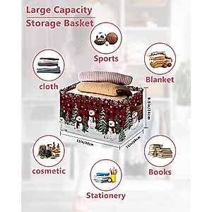Storage Bins Large Storage Basket,Christmas Snowman and Tree in Snow Collapsible Storage Bins with Handle,Red and Black Buffalo Plaid Storage Baskets Cube Organizer for Shelves Closet Nursery 1PCS