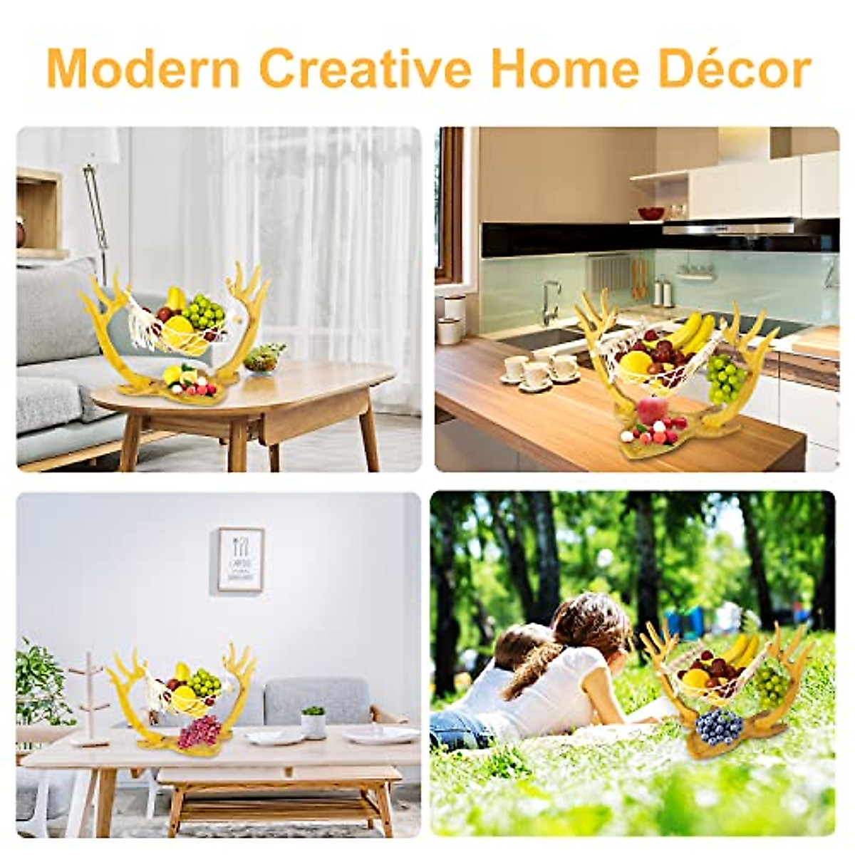 Opohaome Farmhouse Wooden 2 Tier Tray Kitchen Table Decor Serving Tier Tray Fruit Basket Bowl with Banana Hanger Macrame Fruit Hammock Creative Decorative Trays Two Tier Tray Cupcake Stand