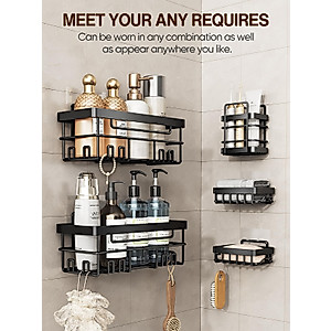 Cobbe Adhesive Shower Caddy 5-Pack, Large Wall Mounted Shower Shelves Rack, Organizer Storage Accessories with Soap Dish&Toothbrush Holder, Shelves for Bathroom Storage & Home Kitchen Decor, Black