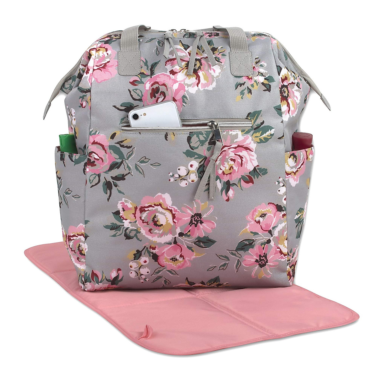 Wide Open Frame Diaper Bag Backpack and Nappy Travel Bag Tote with Changing Pad, Stroller Straps (Floral Frenzy)