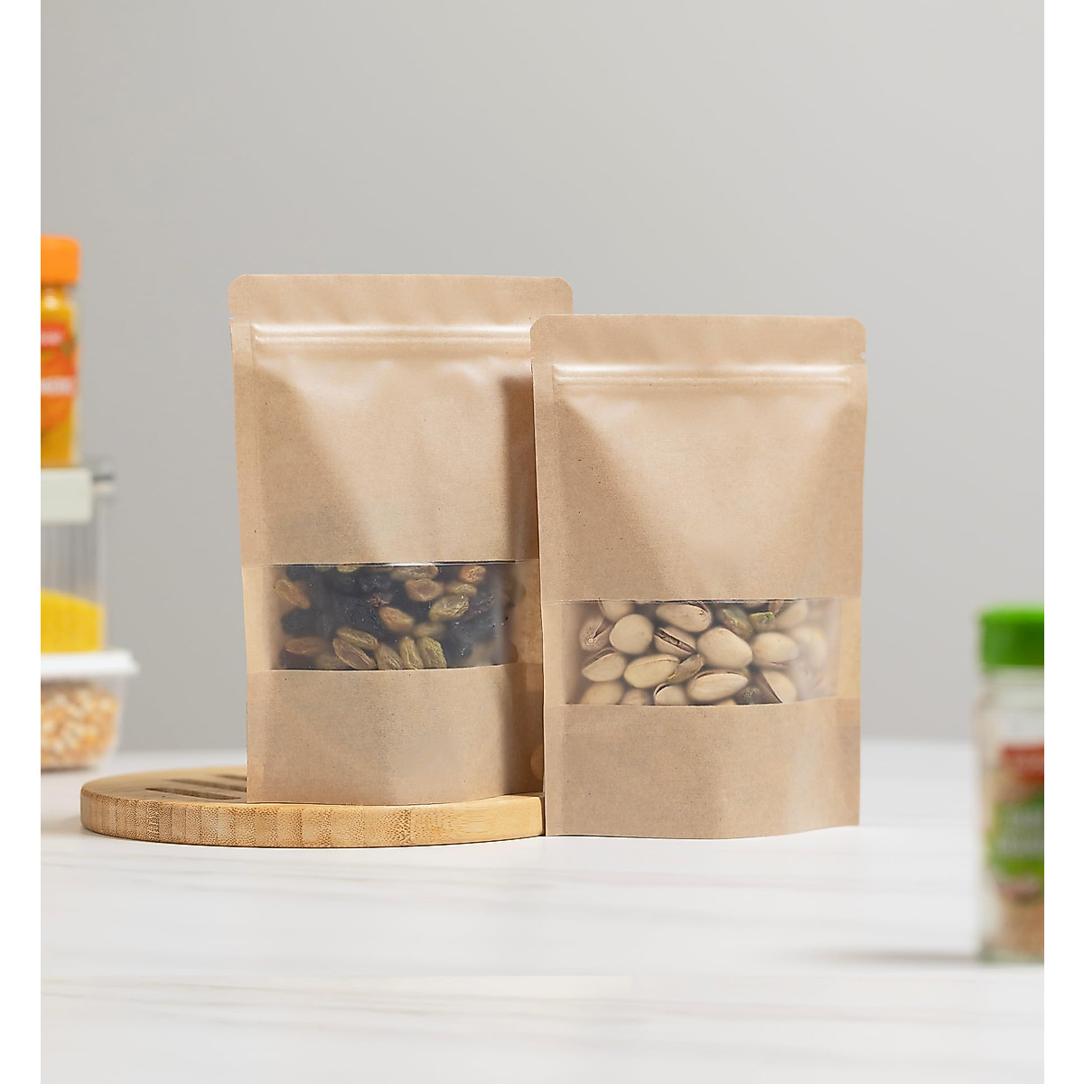 24/7 Bags- 200 Pack, Kraft Paper Stand Up Pouch Bag- 5.5" x 7.8", Resealable Zip-Lock with Front Window, Zero BPA, Easy Tear Notch, Self Stand Up, Food Grade Interior Coating